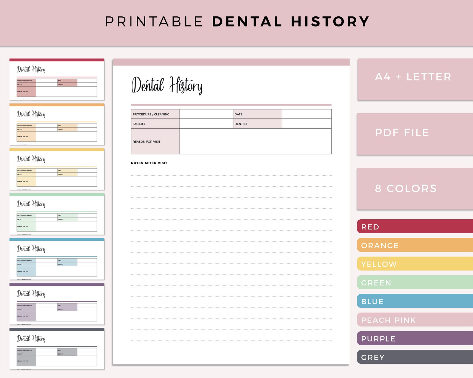 Printable Dental History Dental Records Dental Procedures | Etsy