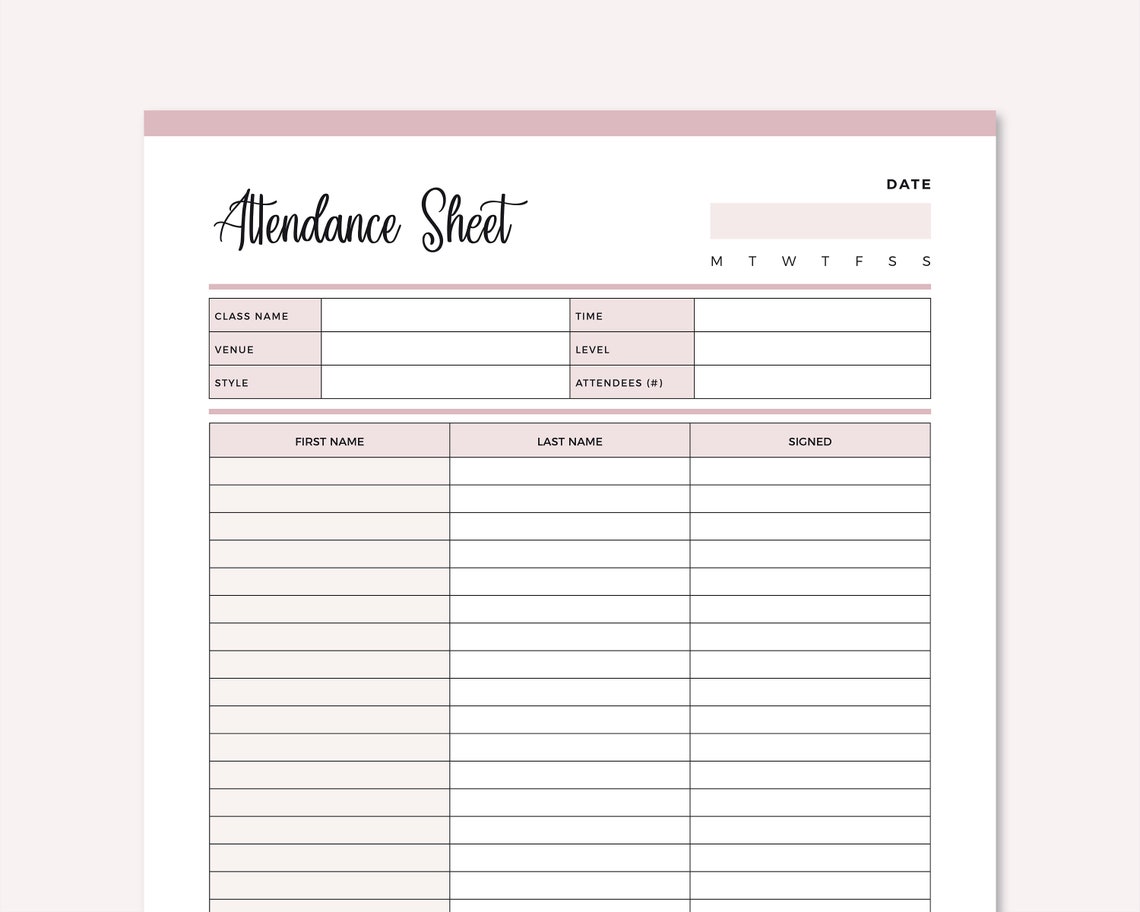 Printable Fitness Class Attendance Sheet Sign Off Sheet Yoga | Etsy