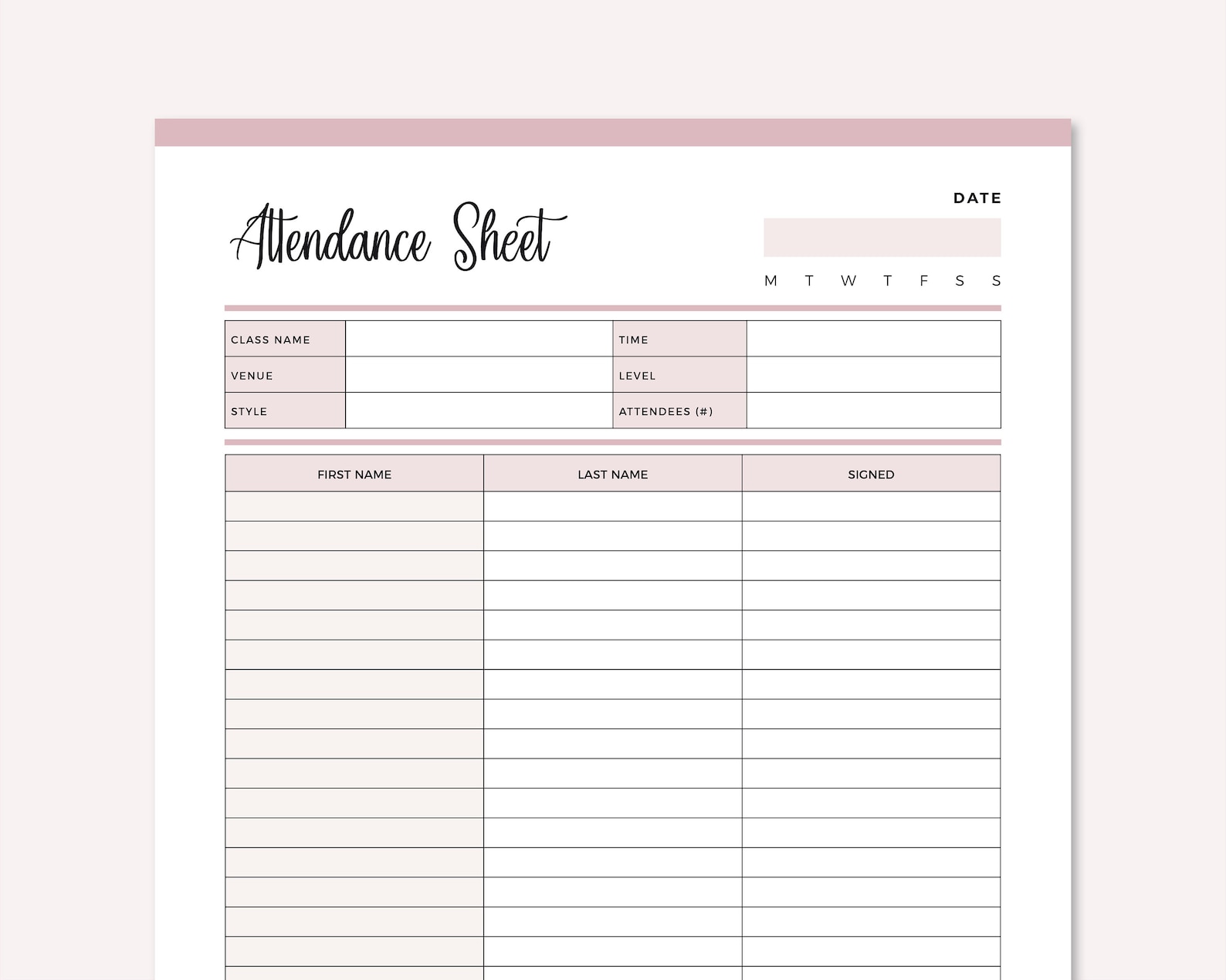 Printable Fitness Class Attendance Sheet, Sign off Sheet, Yoga Class ...