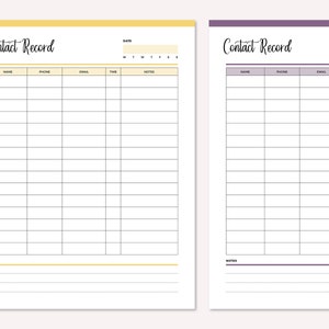 Printable Contact Record, Contact Tracker, Client Contact Sheet ...