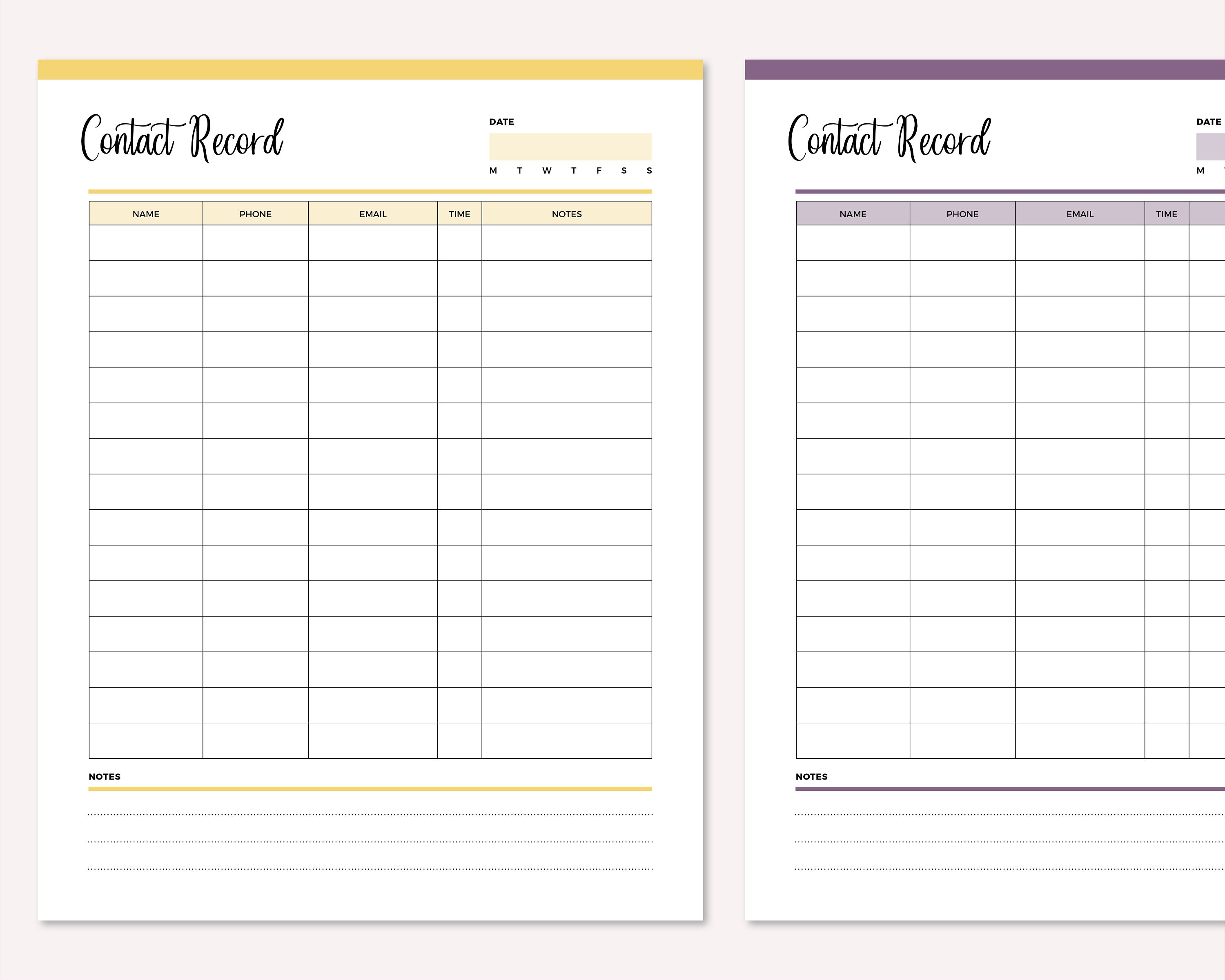 Printable Contact Record Contact Tracker Client Contact - Etsy