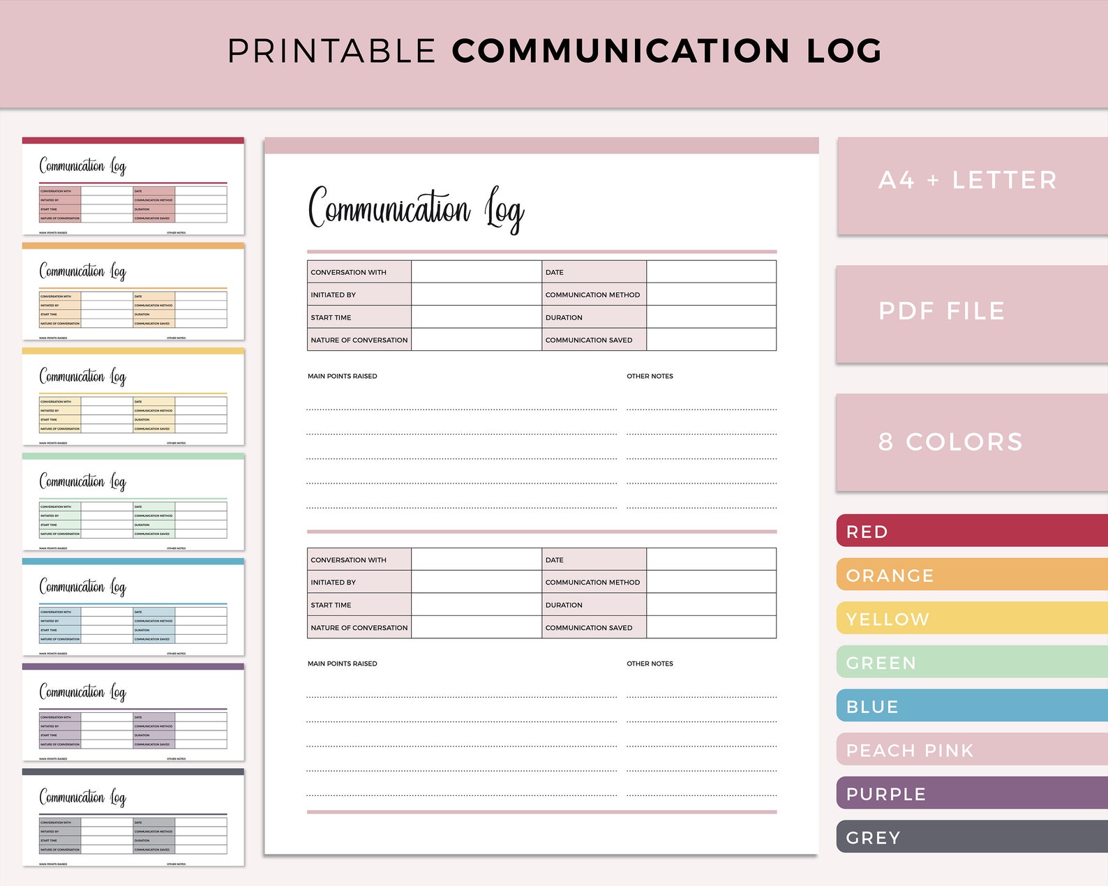 Printable Communication Log, Call Log Template, A4 and Letter Size ...