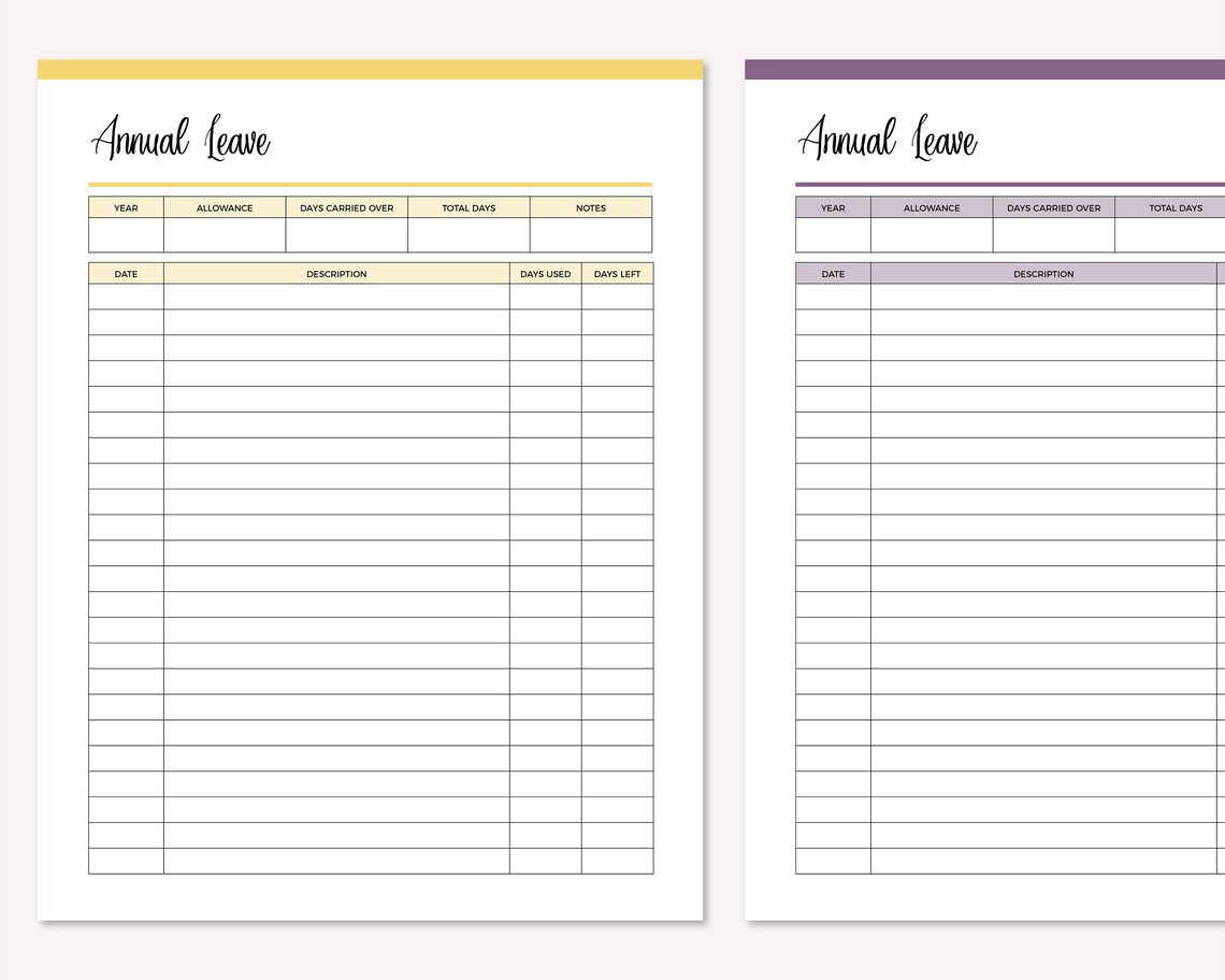 Annual Leave Tracker Printable, Work Leave Tracker, Work Holiday ...