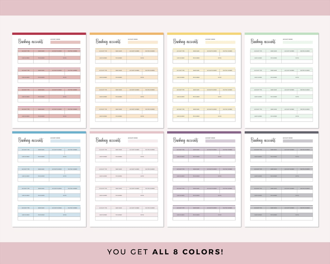 Bank Account Tracker Printable Banking Account Information - Etsy Canada
