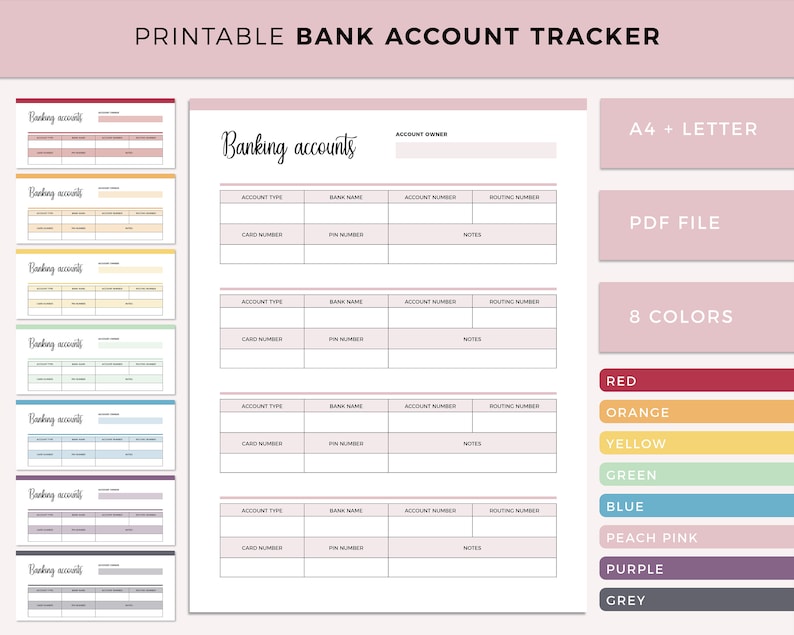 Bank Account Tracker Printable Banking Account Information - Etsy