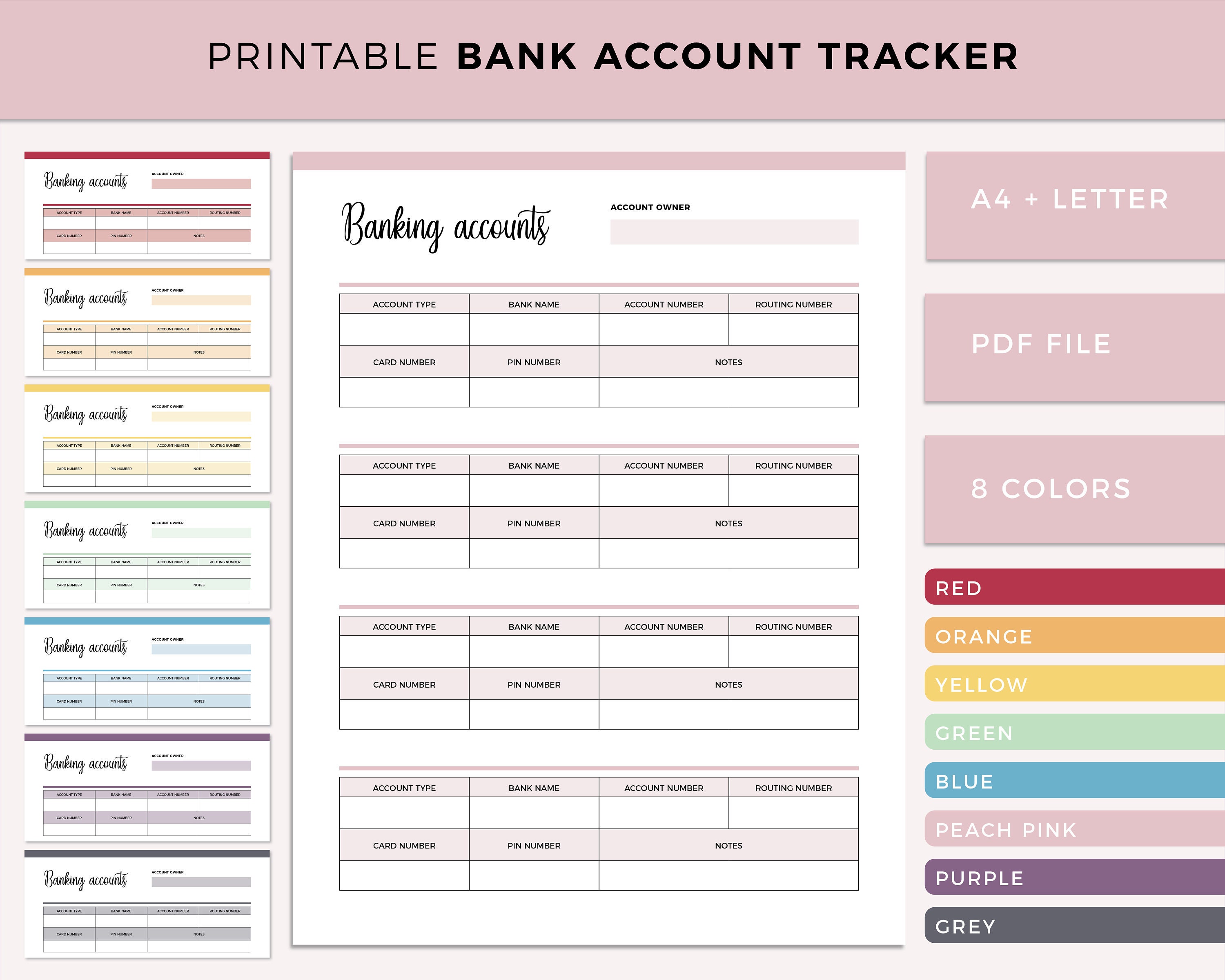 Bank Account Tracker Printable Banking Account Information - Etsy Canada