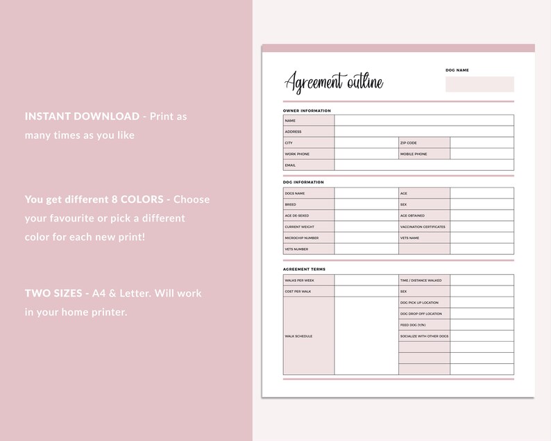 Printable Dog Walker Agreement Outline Dog Sitter Form Dog - Etsy