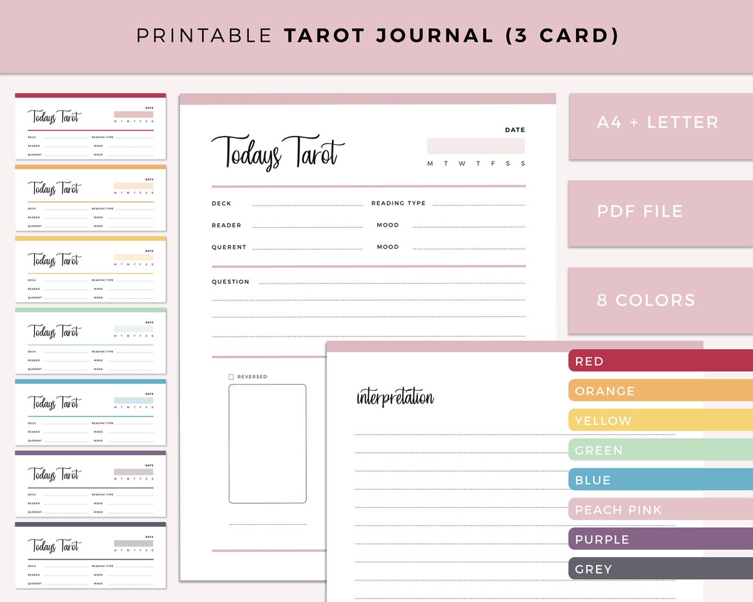 Printable Daily Tarot Journal, 3 Card Spread Tarot Diary, Tarot Pull ...