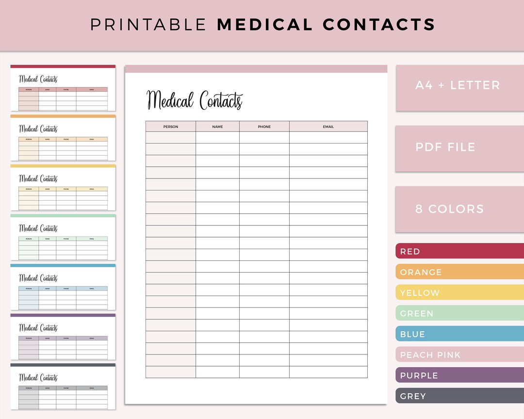 Printable Medical Contact List, Medical Tracker, Healthcare Contacts ...