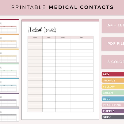 Medical Contacts Fillable Healthcare Contact List Health - Etsy