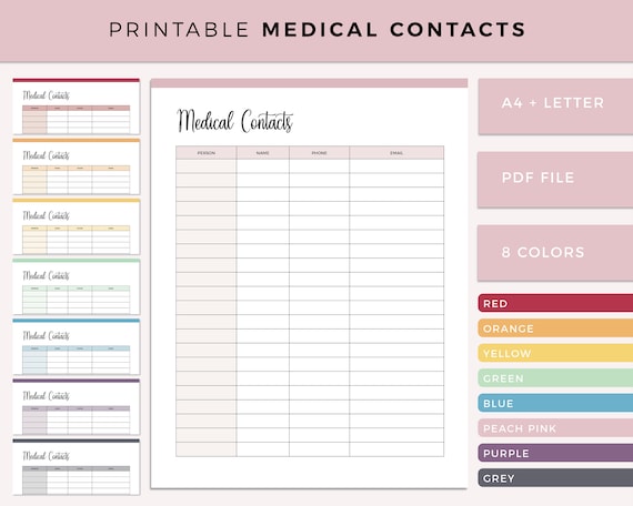 Printable Medical Contact List Medical Tracker Healthcare | Etsy