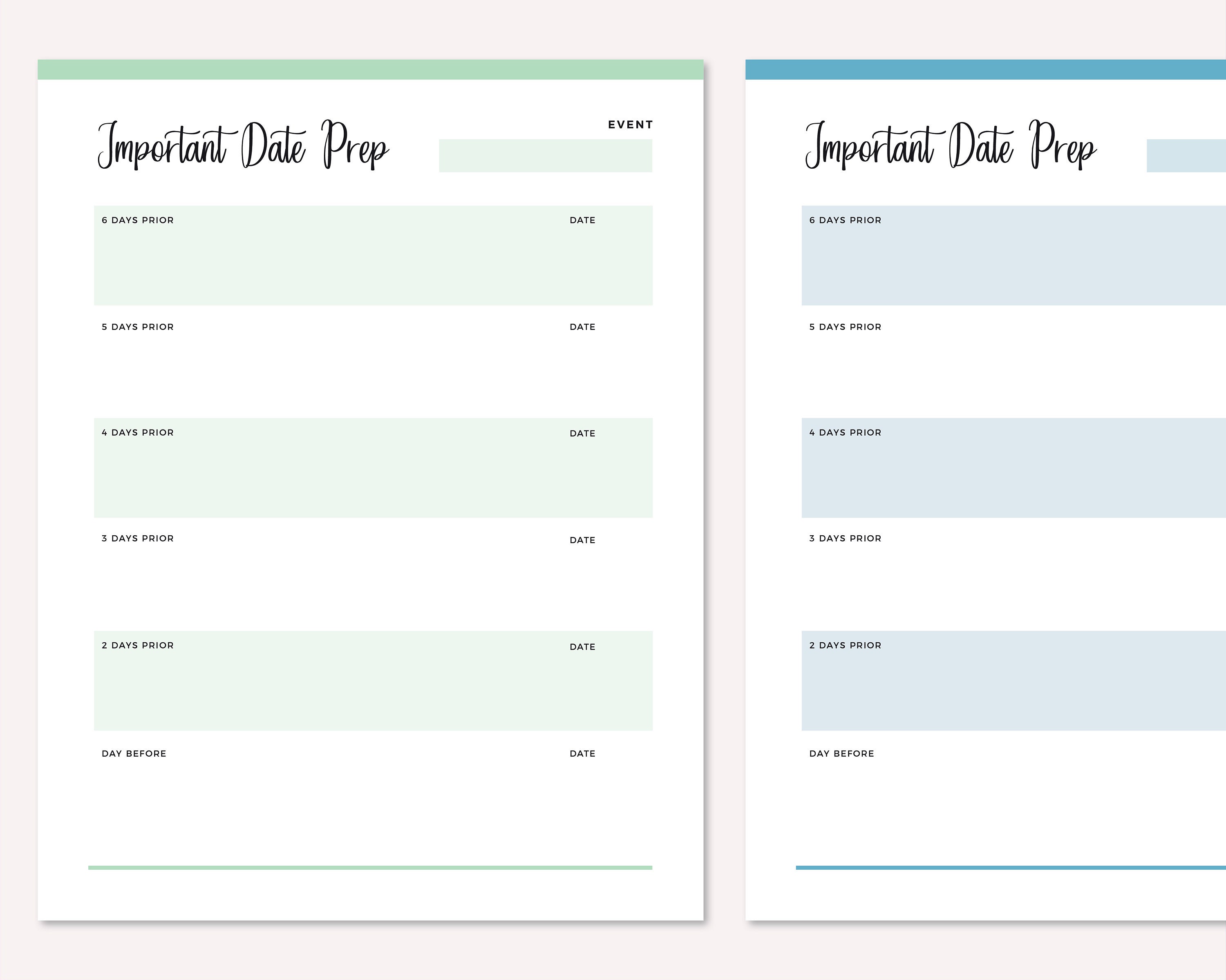 Printable Important Date Preparation, Week Planner, Week Outline, Exam ...