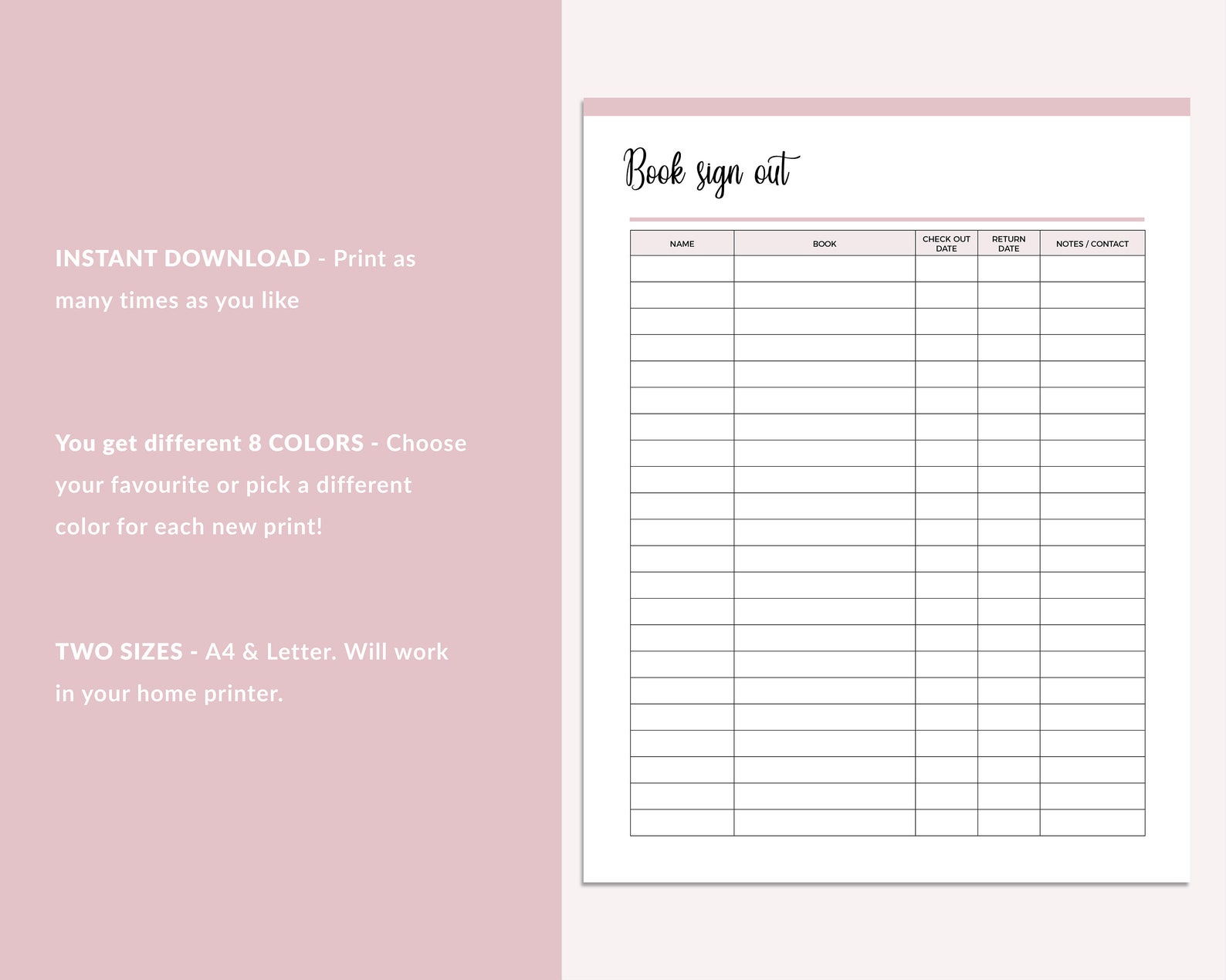 Printable Library Book Sign Out Sheet Book Sign Out Form - Etsy