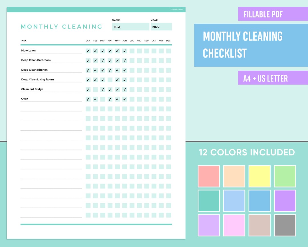 Editable Monthly Cleaning Checklist: Printable Chore Chart (fillable ...