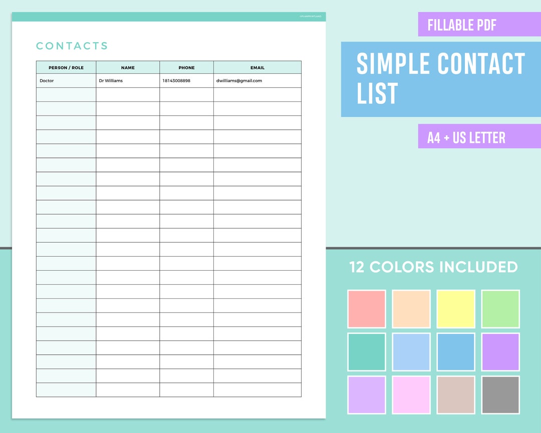 Editable Contact List Template Printable, Contact Sheet PDF, Printable ...