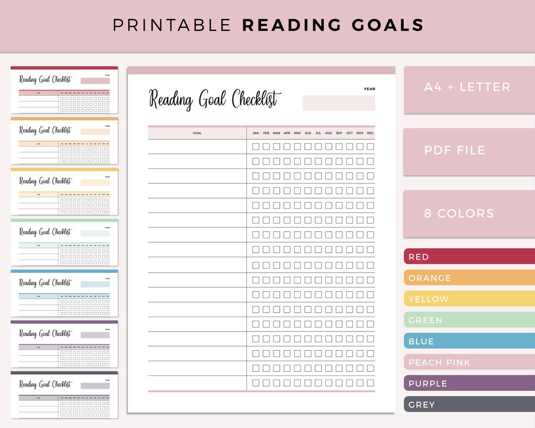 Reading Goal Checklist Printable, Monthly Reading Goals, Book Lover ...