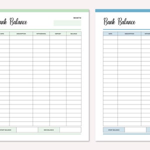 Printable Bank Balance Sheet, Savings Tracker, Banking Record, Finance ...