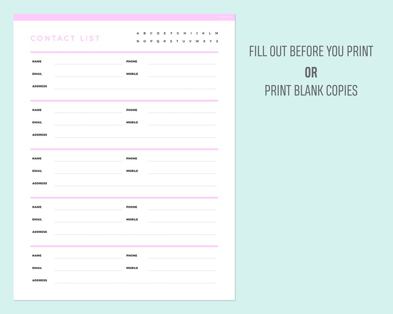 Editable Contact List Printable Fillable Address Book - Etsy Canada