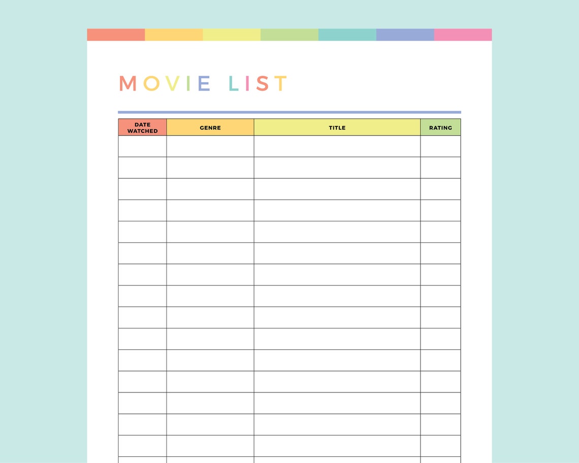 Printable Movie Watching List, Film Watching Record for Kids, Movie ...
