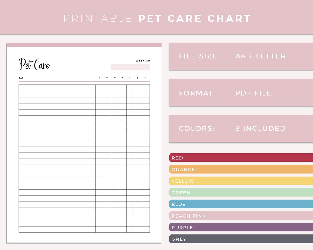 Printable Pet Care Chart, Daily Pet Care List for Adults and Kids ...