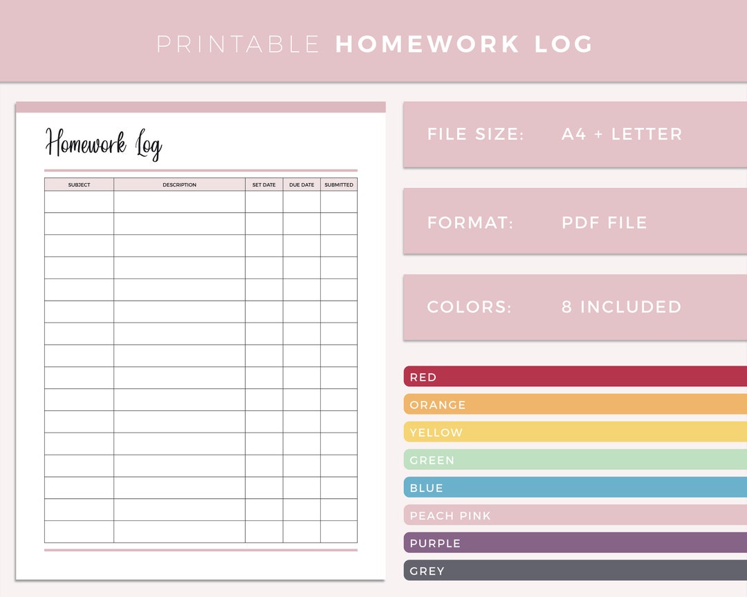 Printable Homework Log, Print at Home Homework Checklist, Homework ...