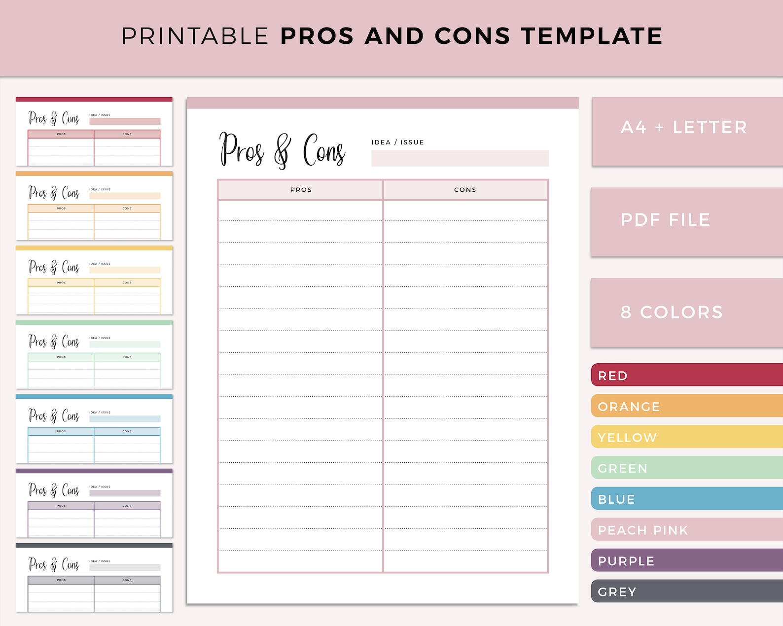 Printable Pros and Cons List Instant Download Print at Home - Etsy ...