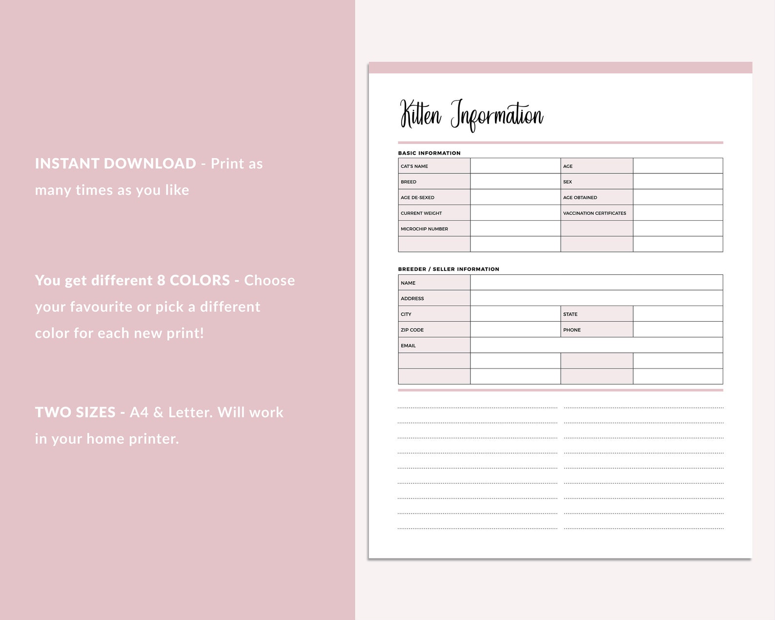 Printable Kitten Information Sheet New Cat Important | Etsy