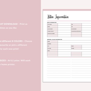 Printable Kitten Information Sheet, New Cat Important Information Page ...