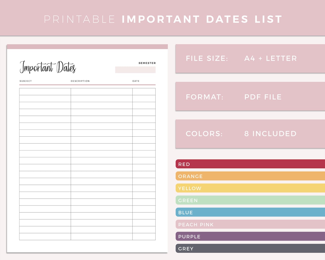 Printable Important Dates List for School and College Students, Print ...