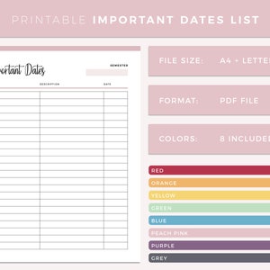 Printable Important Dates List for School and College Students, Print ...
