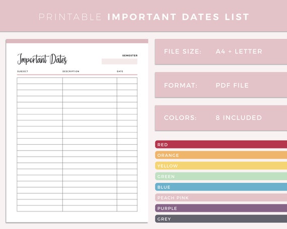 Printable Important Dates List for School and College - Etsy