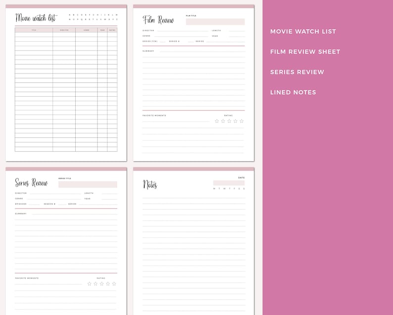 Movie Journal Printable Movie Tracker Film Journal TV - Etsy