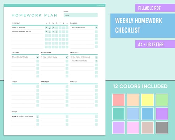 Editable Homework Checklist Fillable Homework Planner - Etsy UK