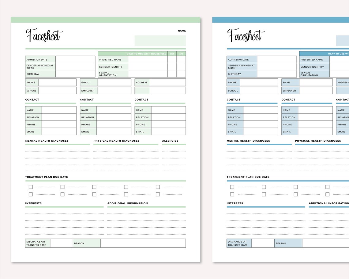 Comprehensive Therapy Client Facesheet Printable, Client Information ...