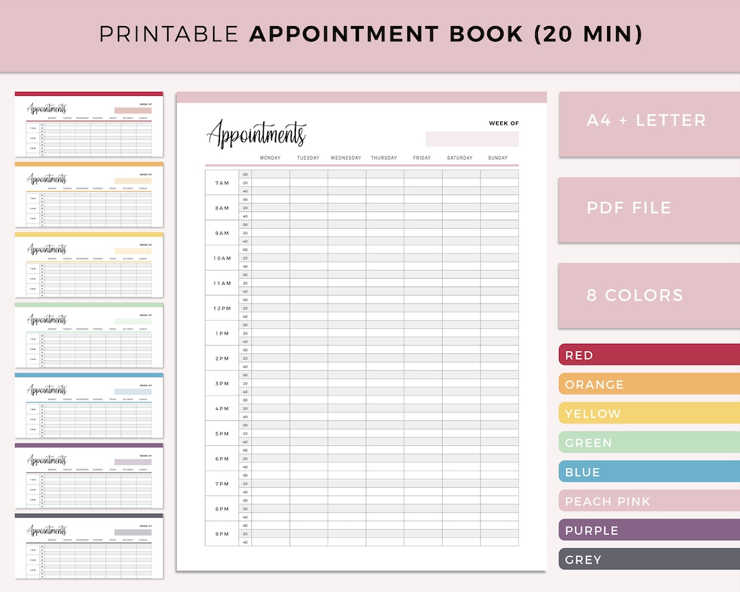 Printable Appointment Book, 20 Minute Interval Appointment Planner ...