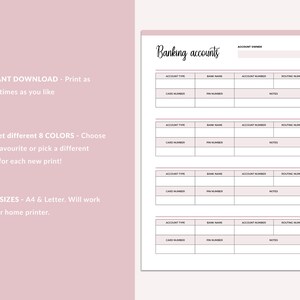 Bank Account Tracker Printable, Banking Account Information Sheet, Bank ...