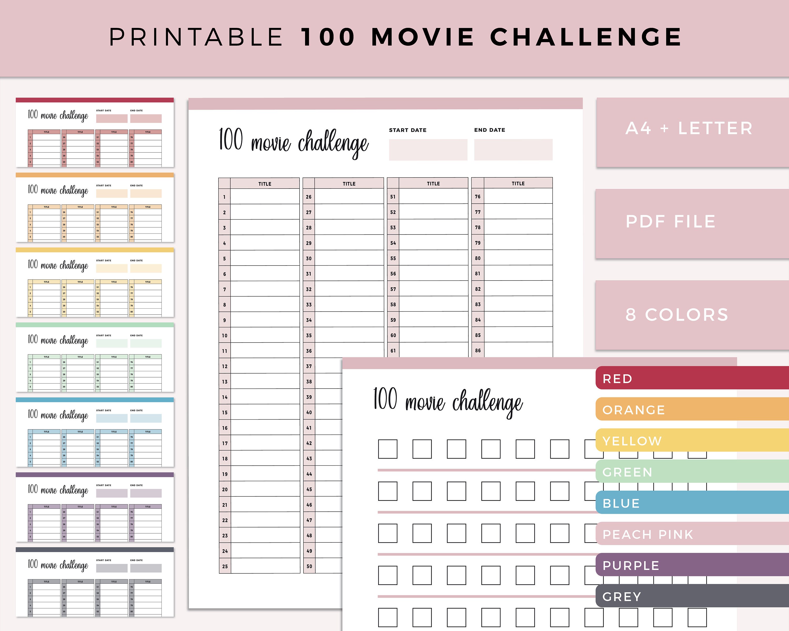 Printable 100 Movie Challenge, Movie Bucket List, Film Watchlist, Movie ...