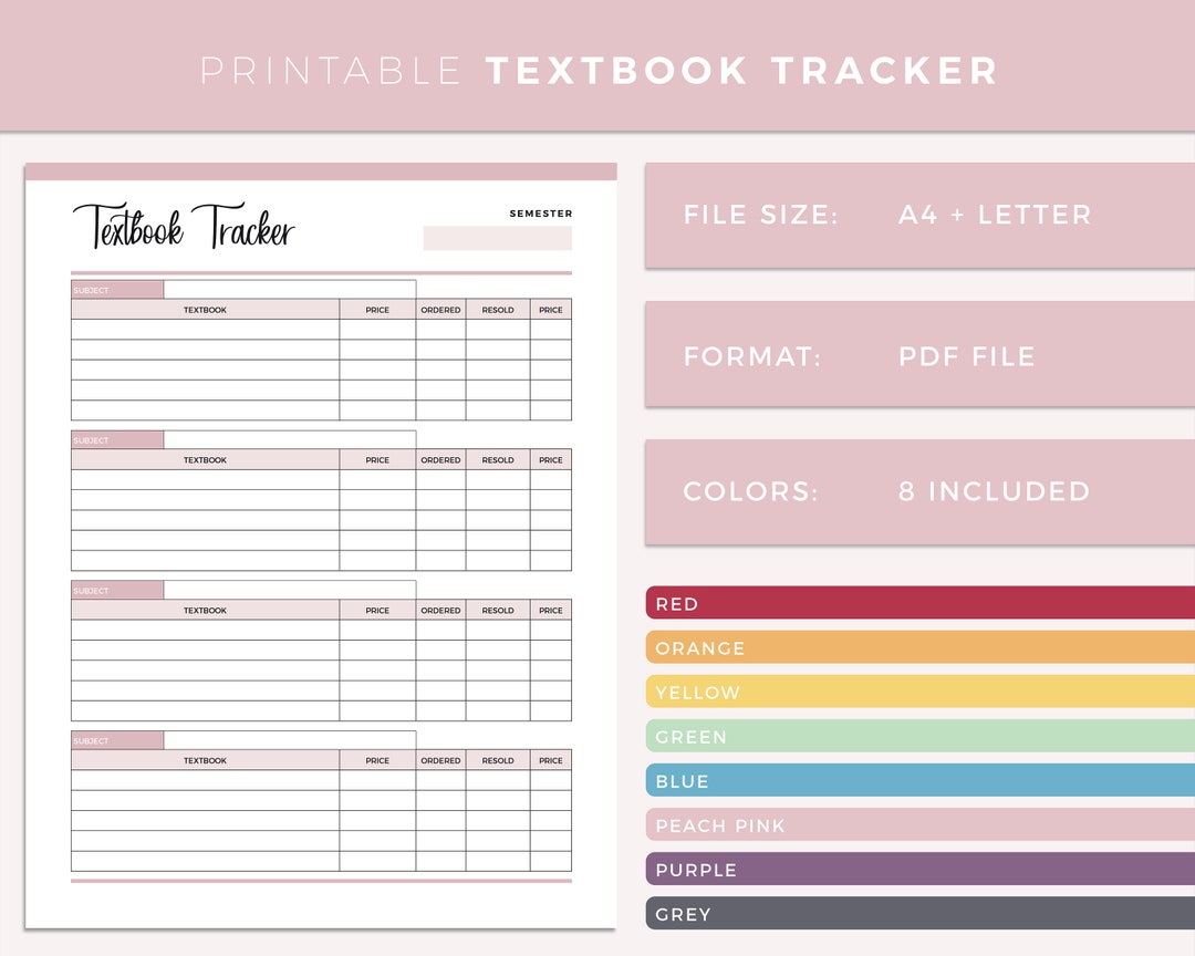 Printable Textbook Tracker, College Student Text Book List, University ...