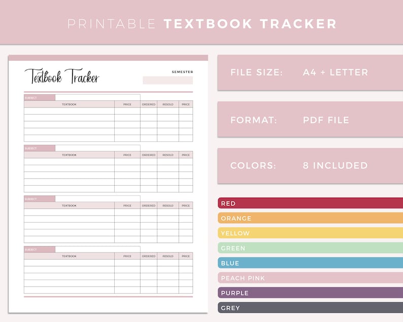 Printable Textbook Tracker College Student Text Book List | Etsy