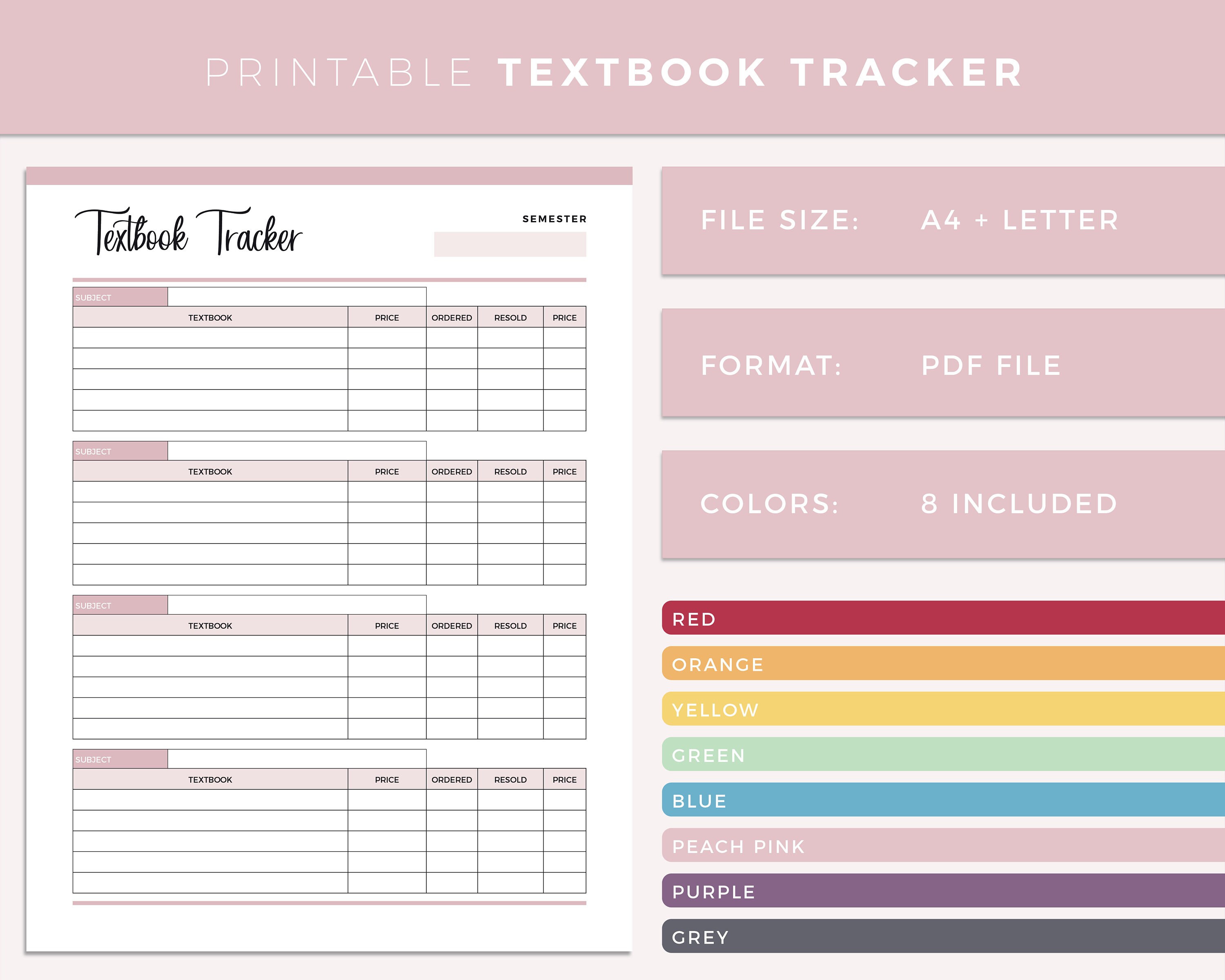 Printable Textbook Tracker, College Student Text Book List, University ...
