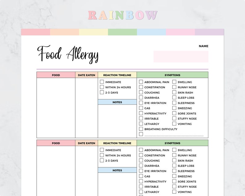 Printable Food Allergy Log - Food and Symptom Diary - Food Allergy ...