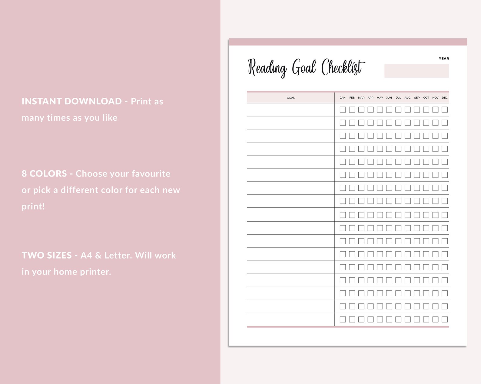 Reading Goal Checklist Printable, Monthly Reading Goals, Book Lover ...