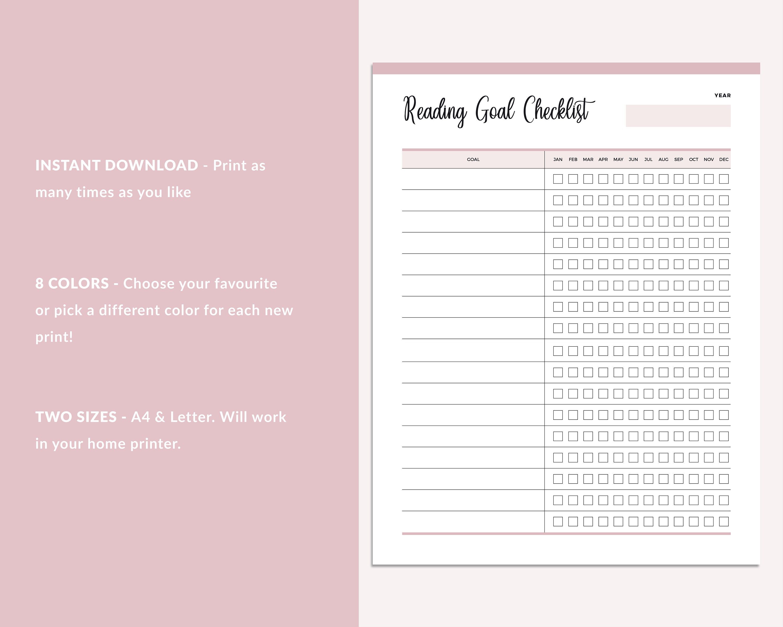 Reading Goal Checklist Printable, Monthly Reading Goals, Book Lover ...