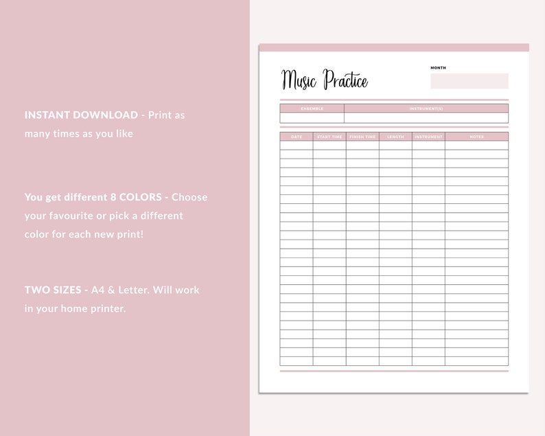 Printable Music Practice Journal, Instrument Practice Sheet, Music ...