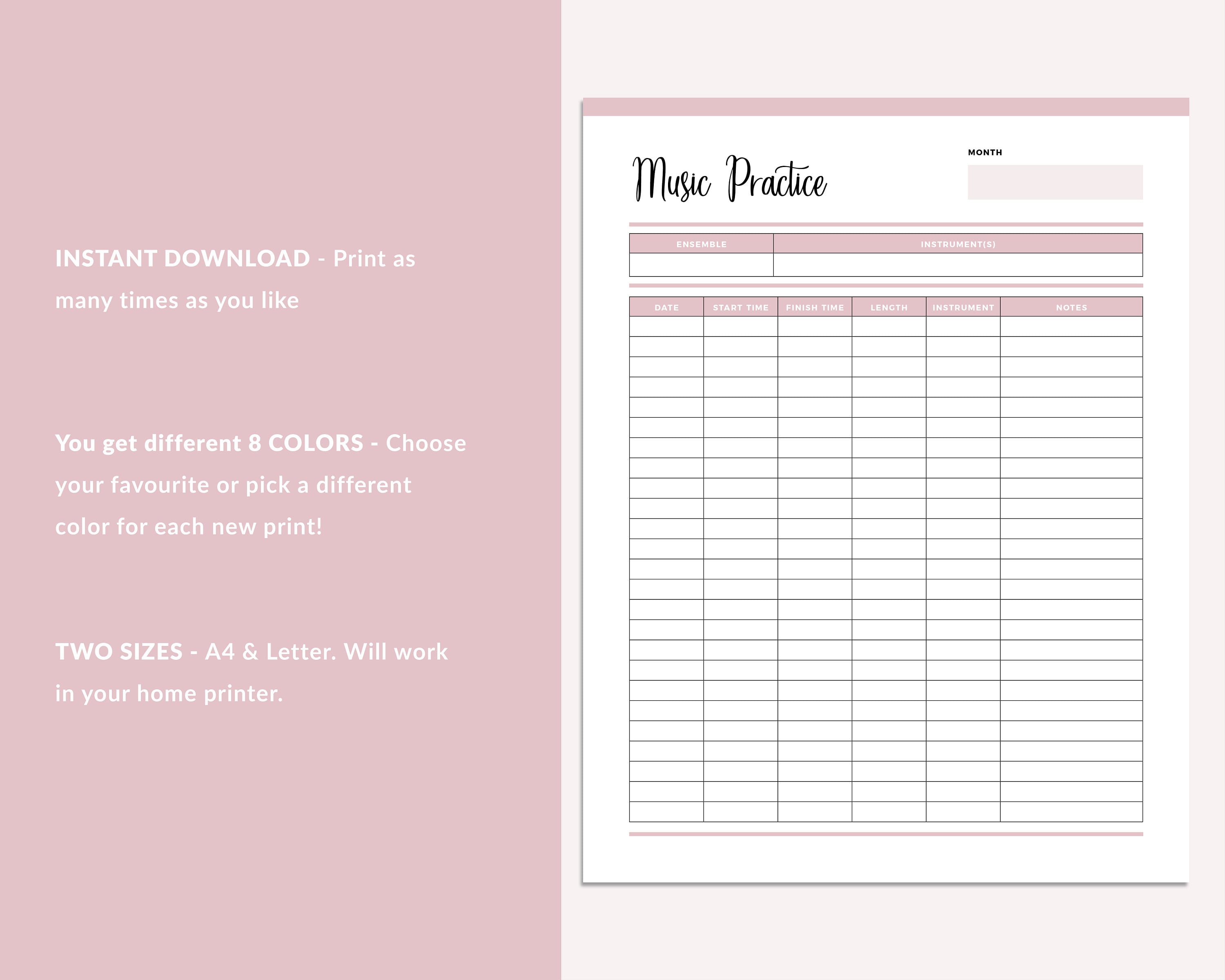 Printable Music Practice Journal, Instrument Practice Sheet, Music ...