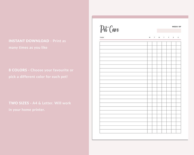 Printable Pet Care Chart, Daily Pet Care List for Adults and Kids ...