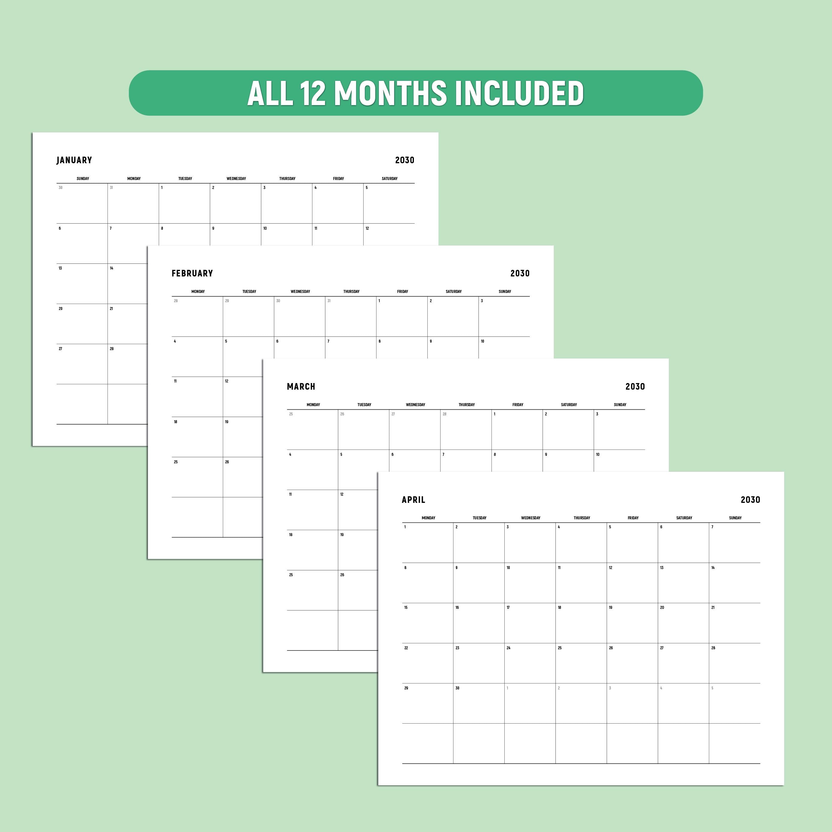 2030 Calendar Printable, 2030 Monthly Calendar, Horizontal Landscape ...
