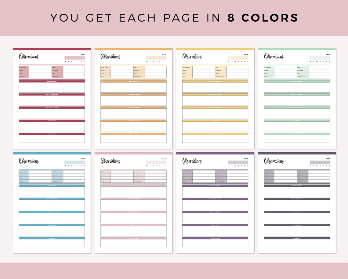 Printable Yoga Class Observations, Yoga Instructor Planner, Pilates ...