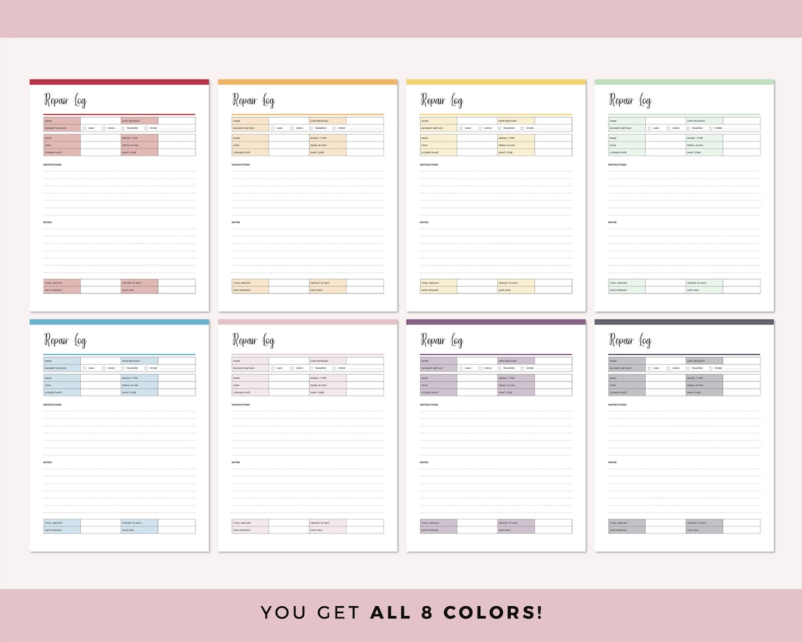 Printable Mechanic Repair Log - Auto Body Repair Sheet, Mechanical ...