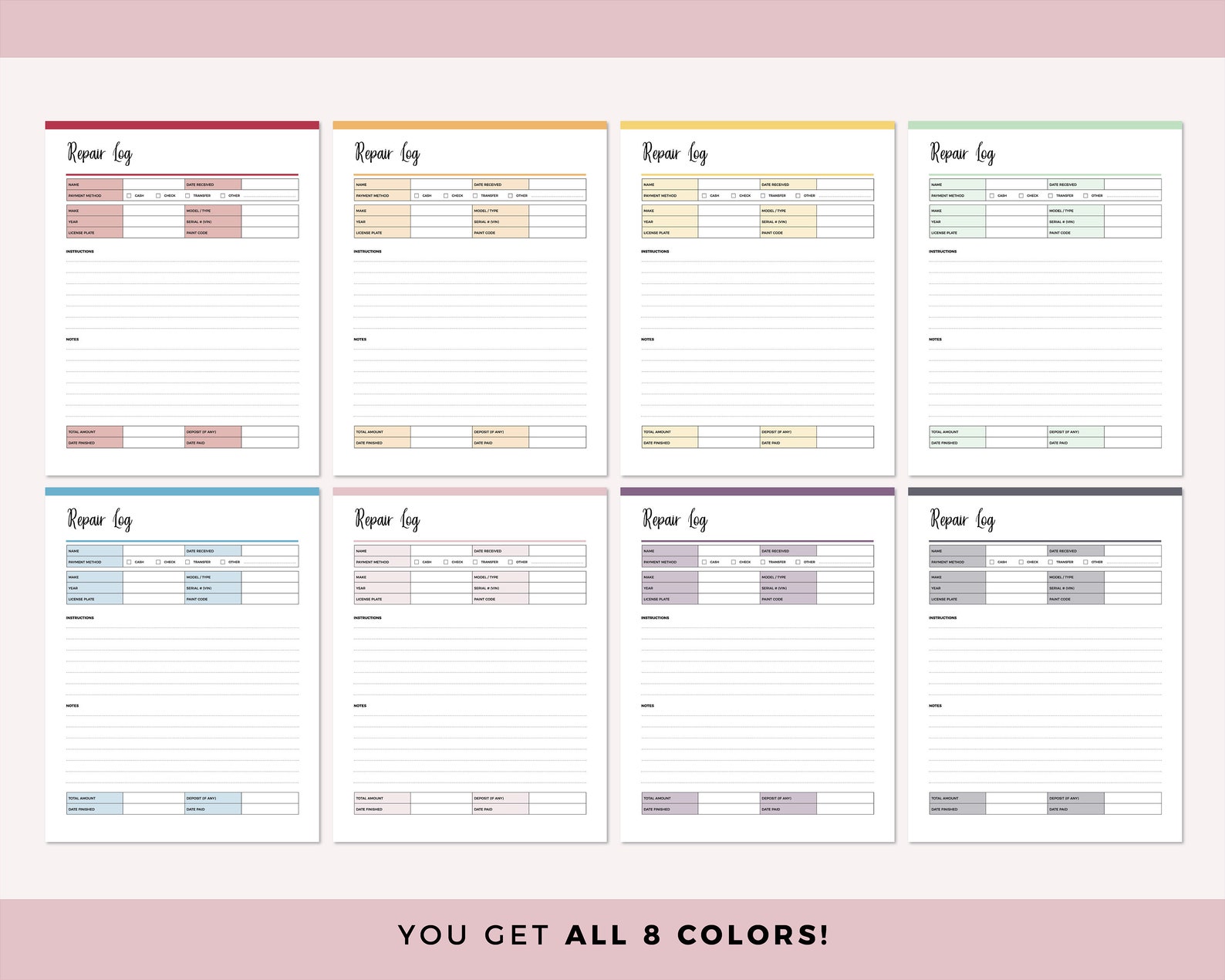 Printable Mechanic Repair Log - Auto Body Repair Sheet, Mechanical ...
